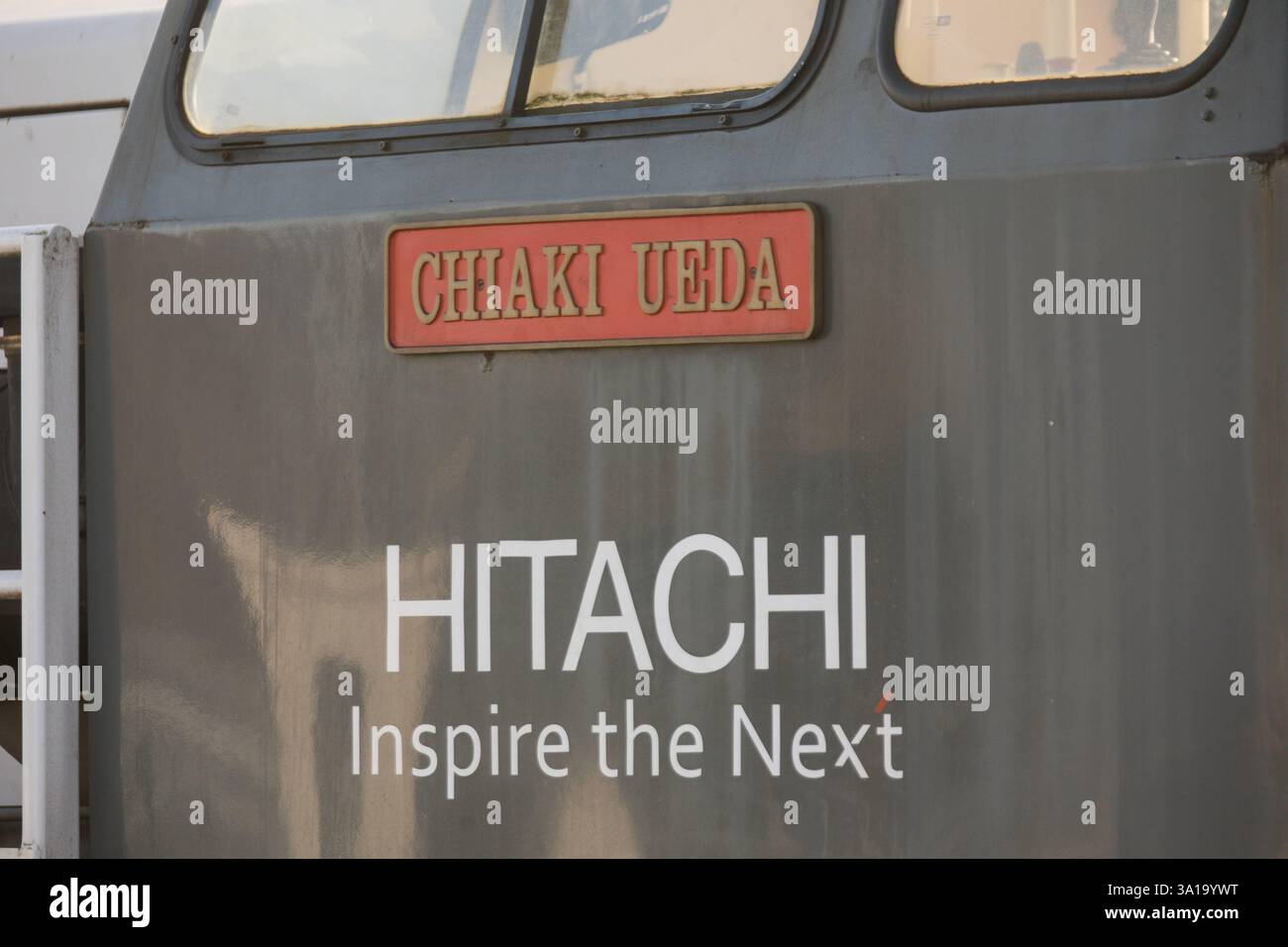 Hitachi train, Chiaki Ueda. Company branding on a locomotive Stock ...