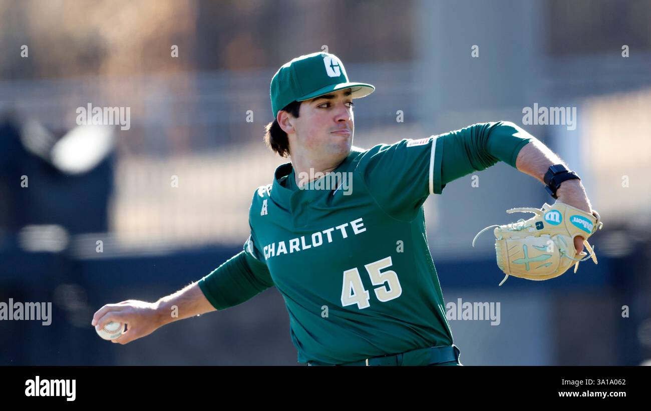 Charlotte pitcher Sebastian Perez pitches during an NCAA baseball game ...