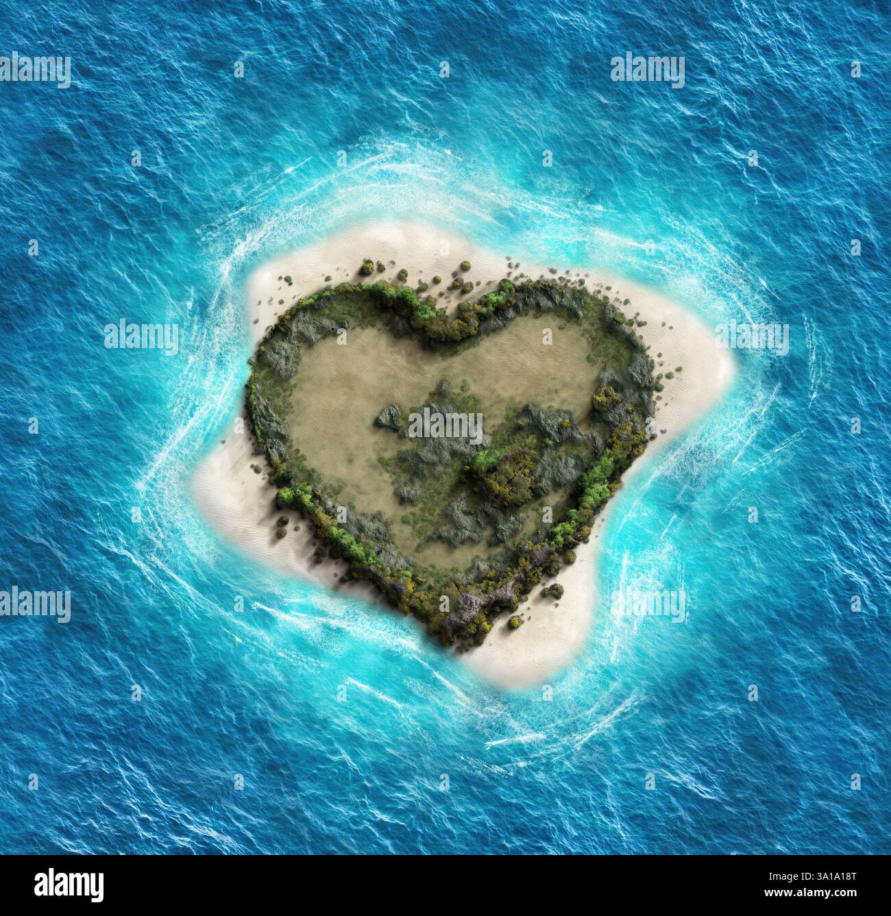Aerial view of a heart shaped island surrounded by crystal clear blue ...