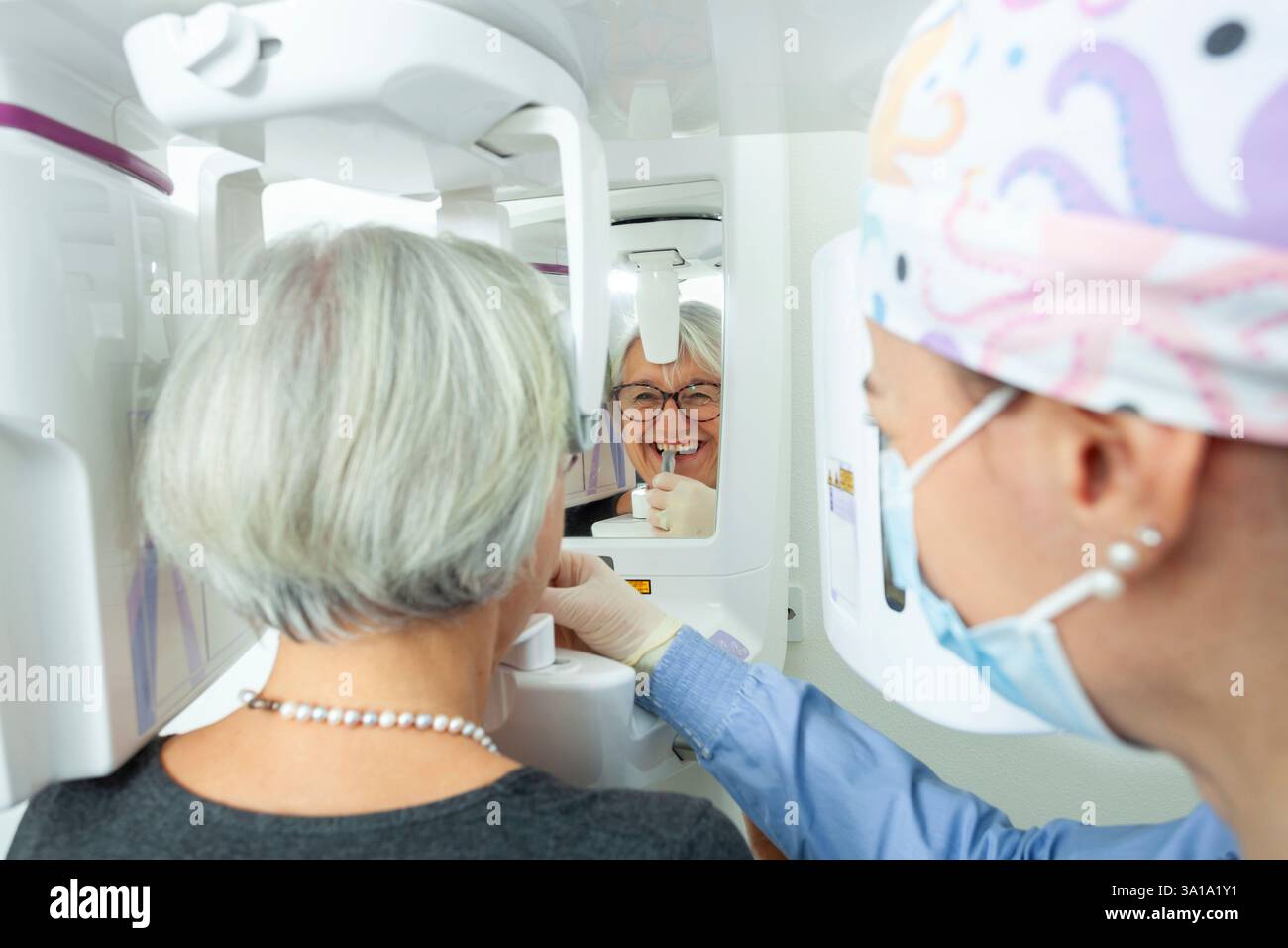 Dentist preparing a senior woman for a dental panoramic x ray ...