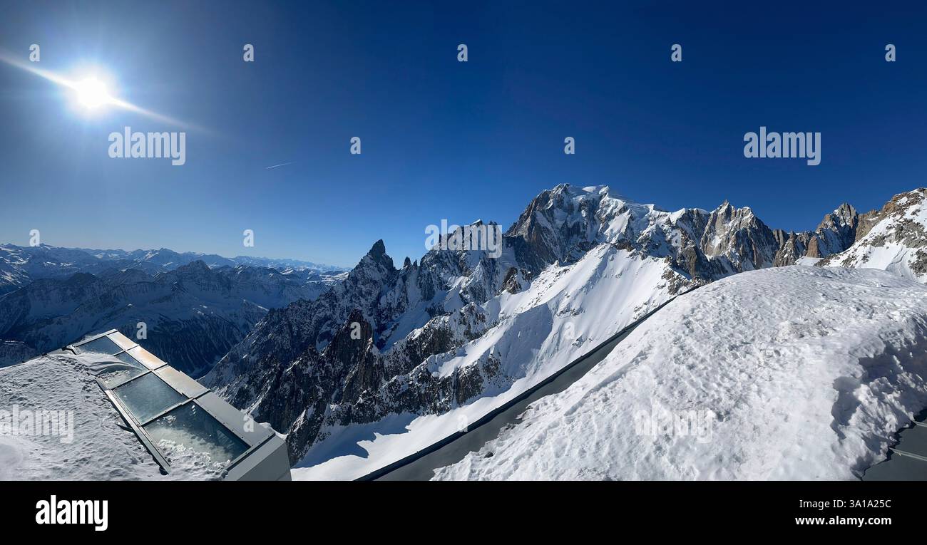Breathtaking panorama of the snow covered peaks of the Mont Blanc ...