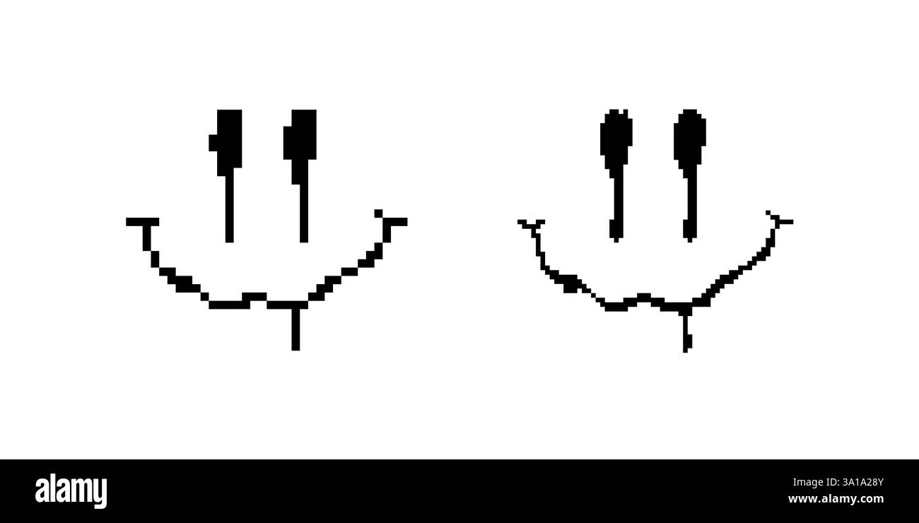 Two simple pixelated smiley faces with square eyes and unique curved ...