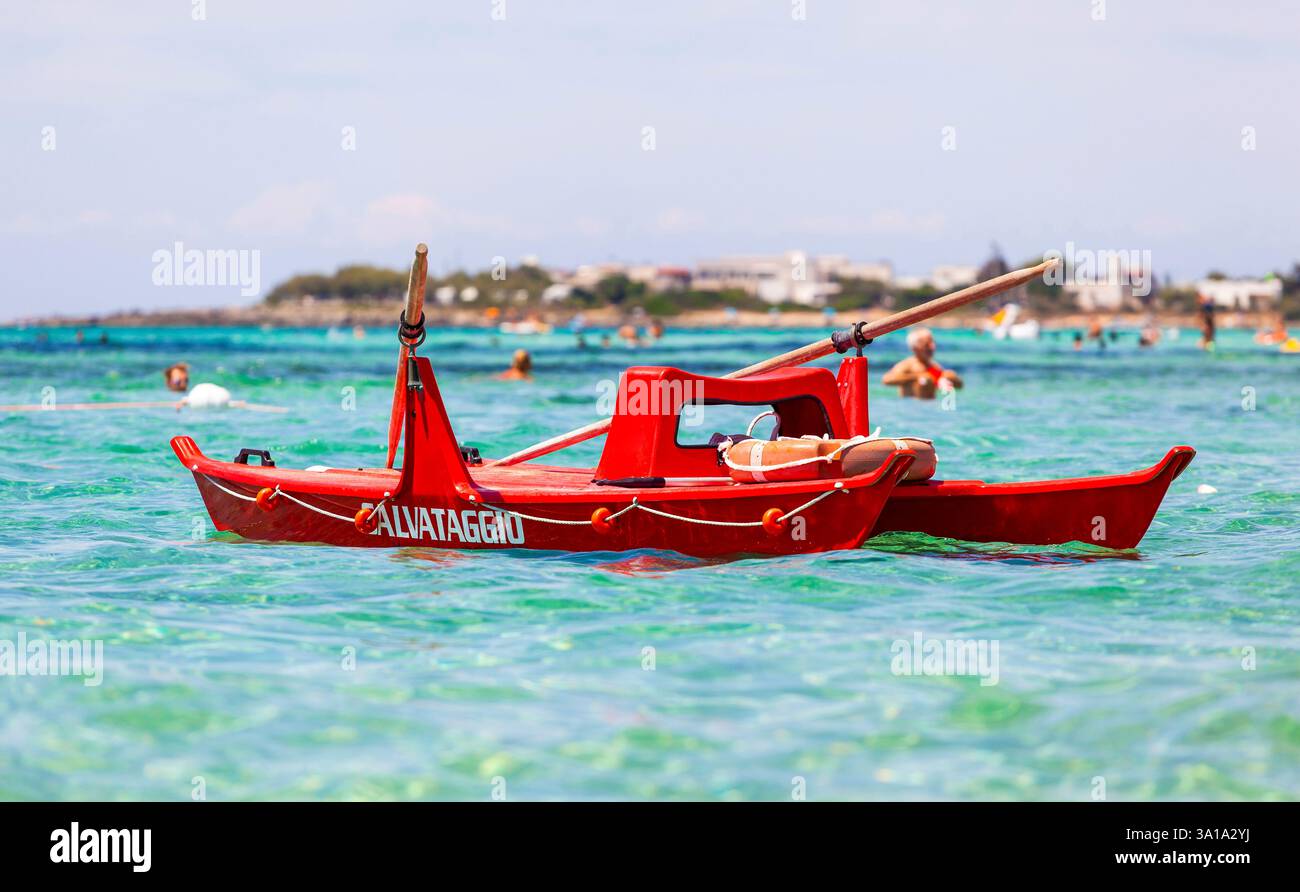 View of an italian lifeguard boat (salvataggio) in beautiful clear ...