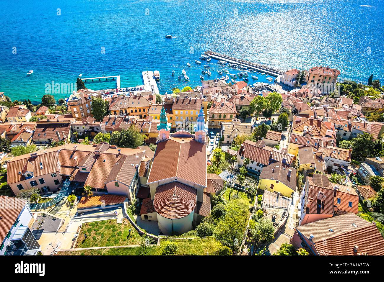 Town of Volosko turquoise waterfront aerial panoramic view, Kvarner bay ...