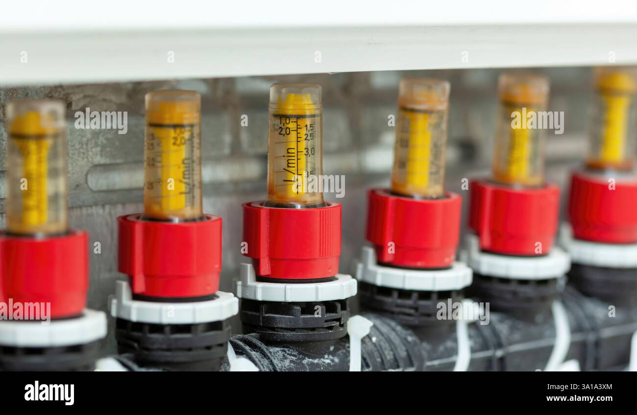 Flowmeter regulator, heating and cooling manifold regulator. Yellow ...