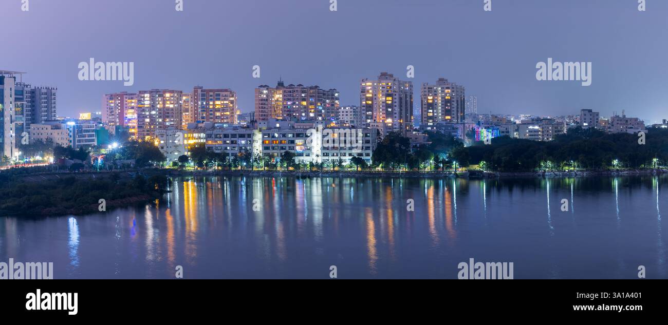 Hyderabad cityscape panoramic view in night time with reflection in ...