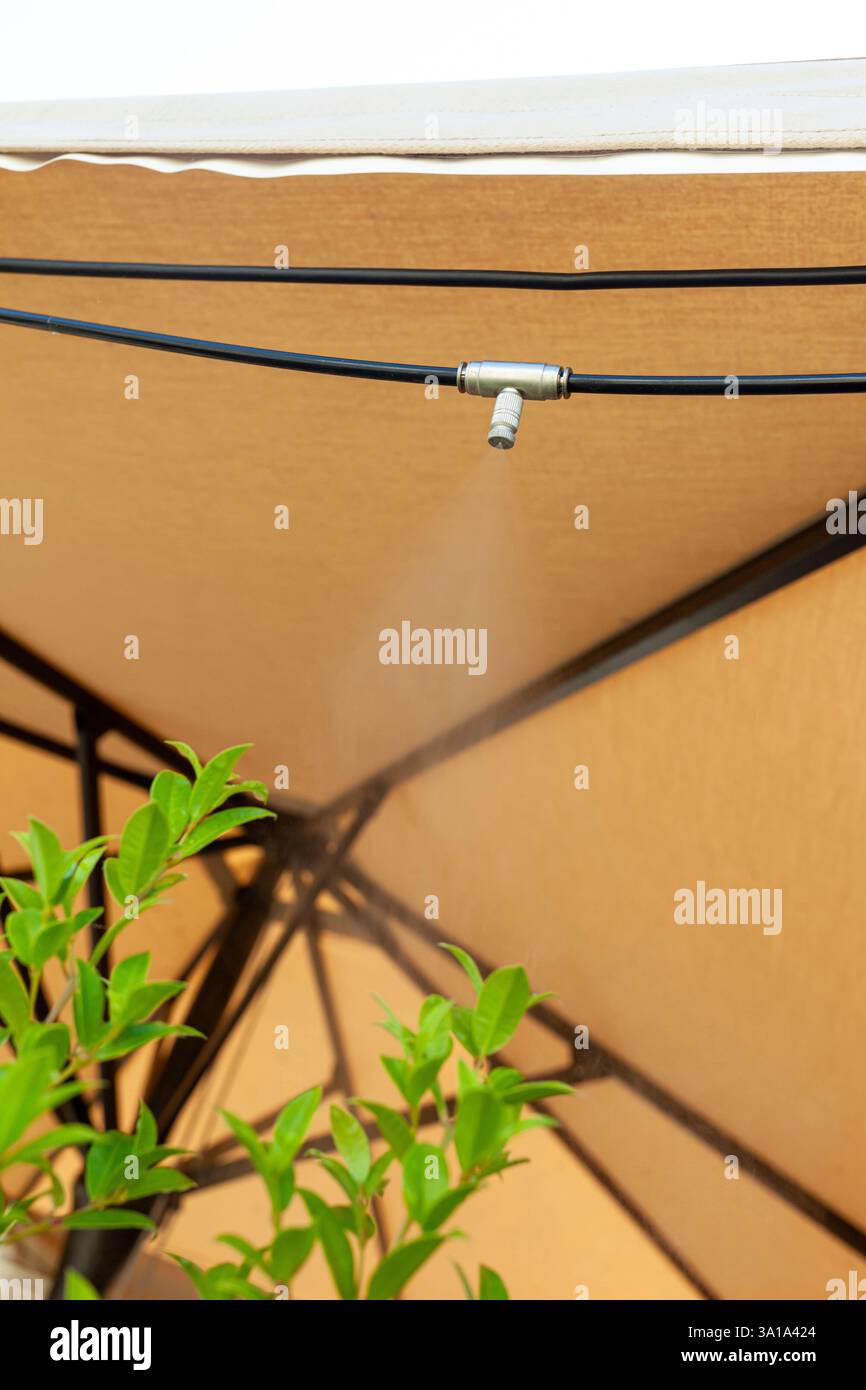 Water misting system is spraying a fine mist of water, creating a ...