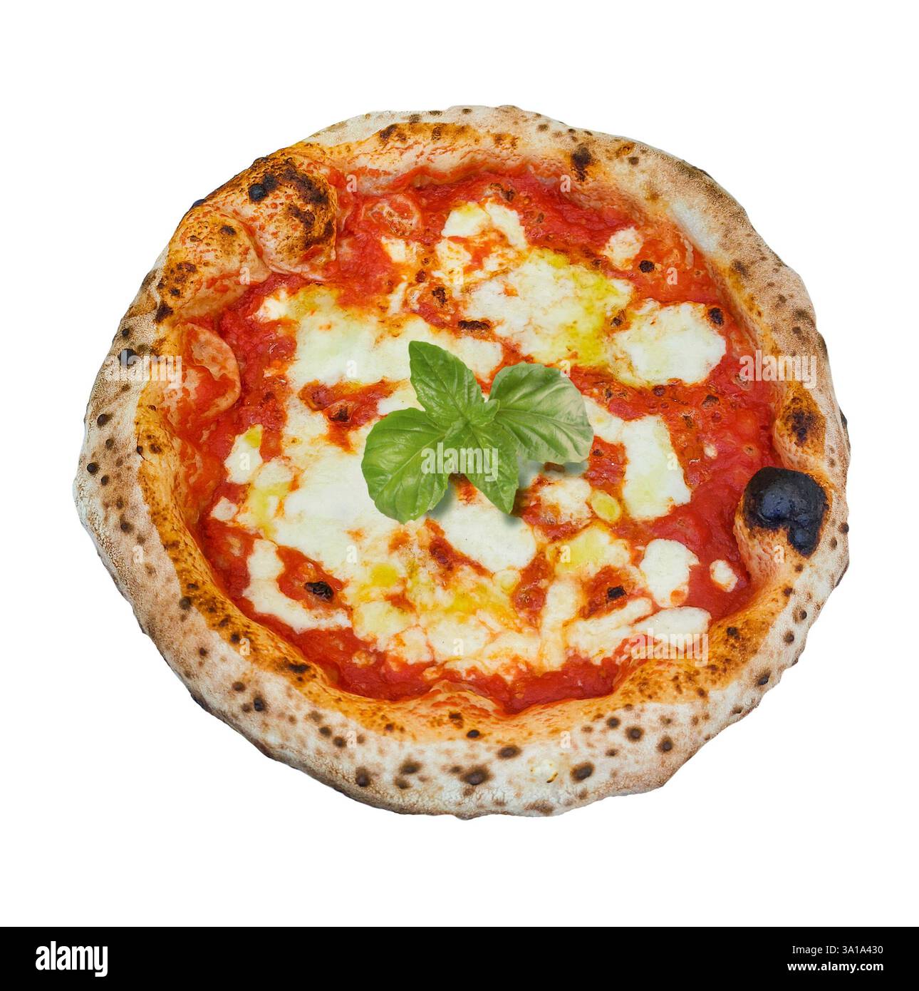 Round pizza margherita with melted mozzarella cheese and a basil leaf ...