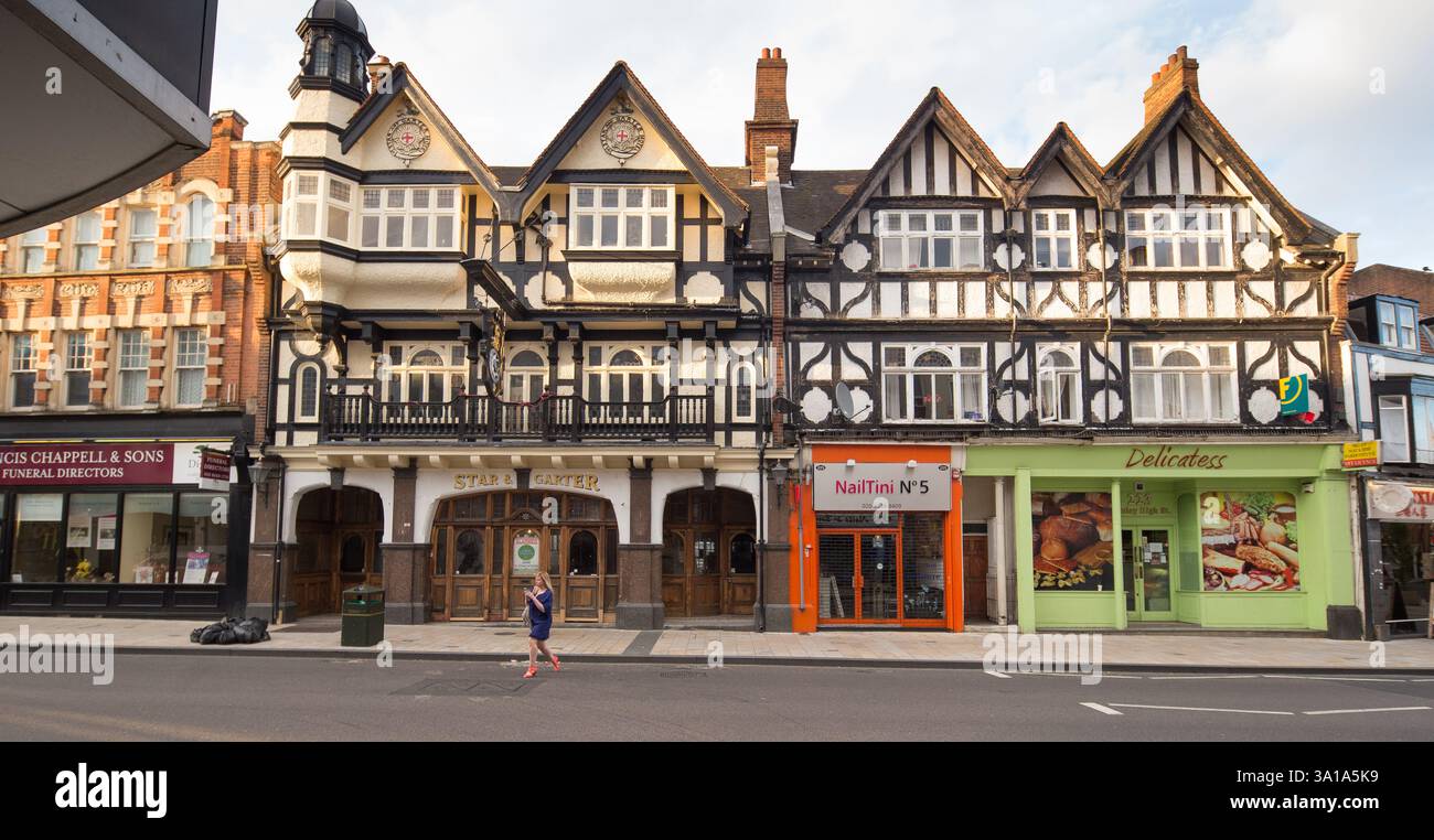 Bromley London, UK, in front of the Star & Garter pub and shops ...