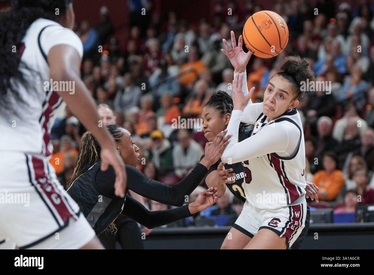 South Carolina guard Tessa Johnson (5) has the ball knocked loose by ...