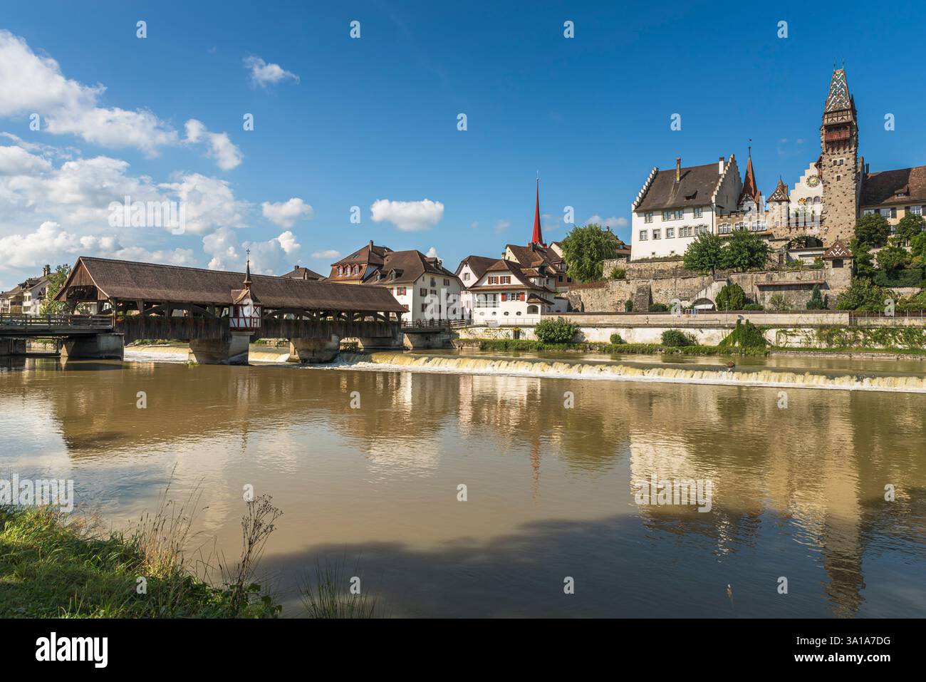 The river Reuss with historic wooden bridge and Muri-Amthof, Bremgarten ...