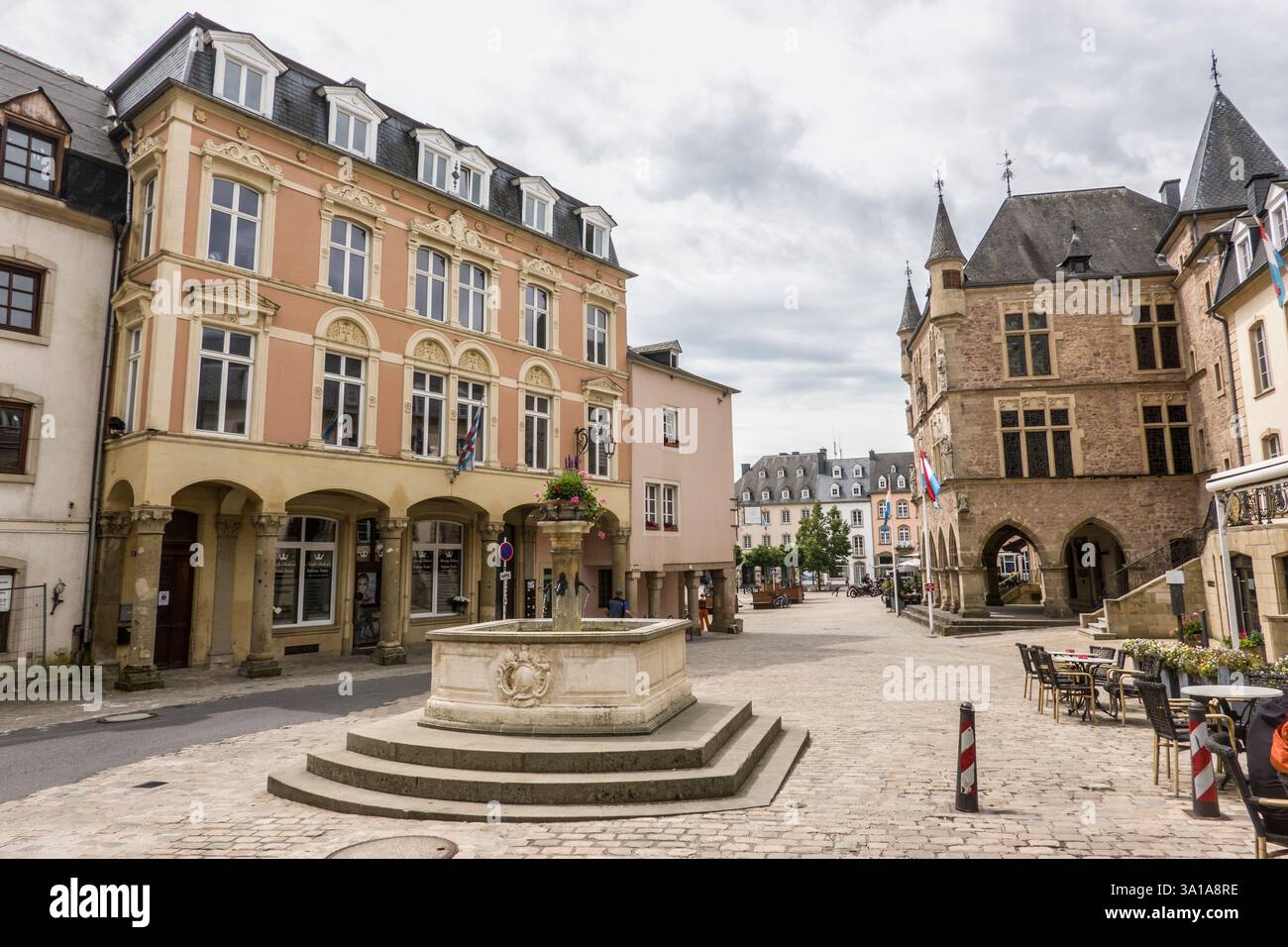 Town view with fountain and courthouse Denzelt, Echternach, Luxembourg ...