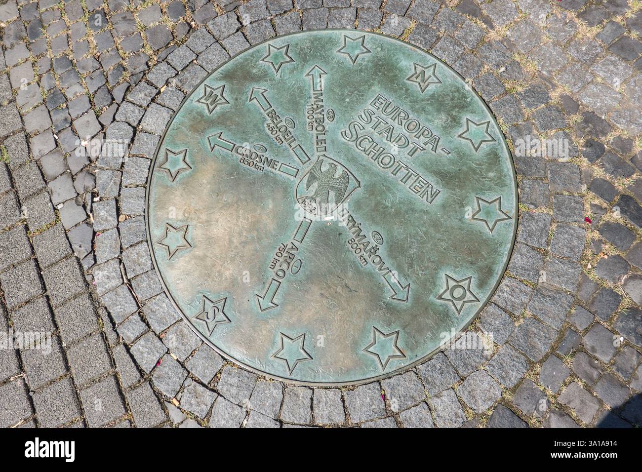 plaque embedded in the ground with the twin towns, Hessen, Germany ...