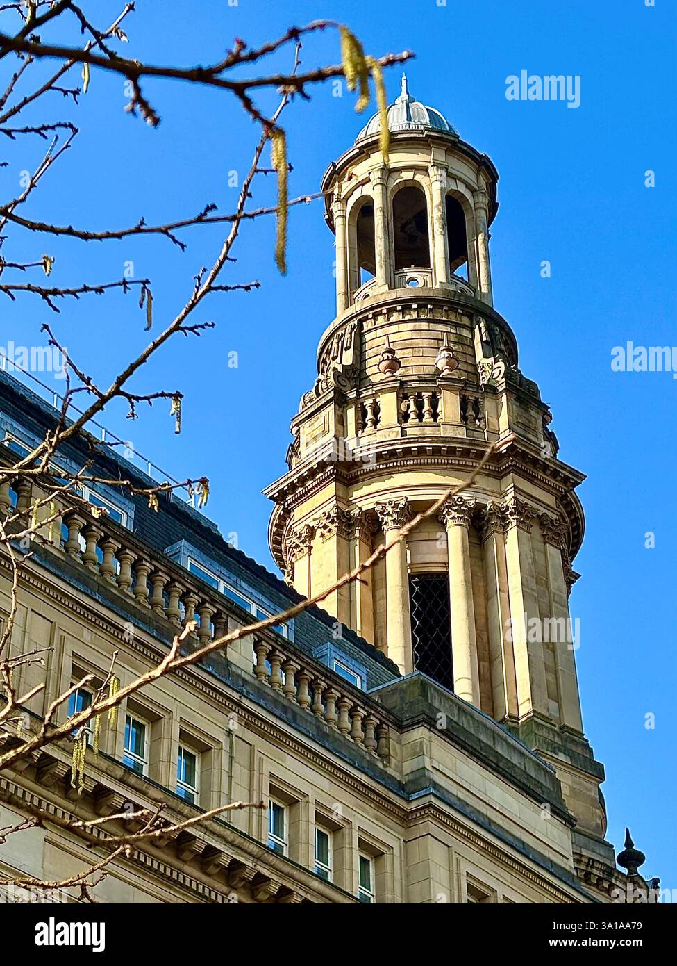 The striking corner clock tower of the historic Royal Exchange Building ...
