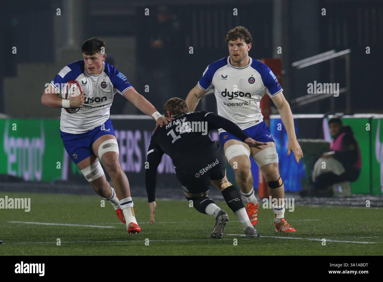 Bath's Arthur Green, hands off Newcastle Falcon's Alex Hearle during ...
