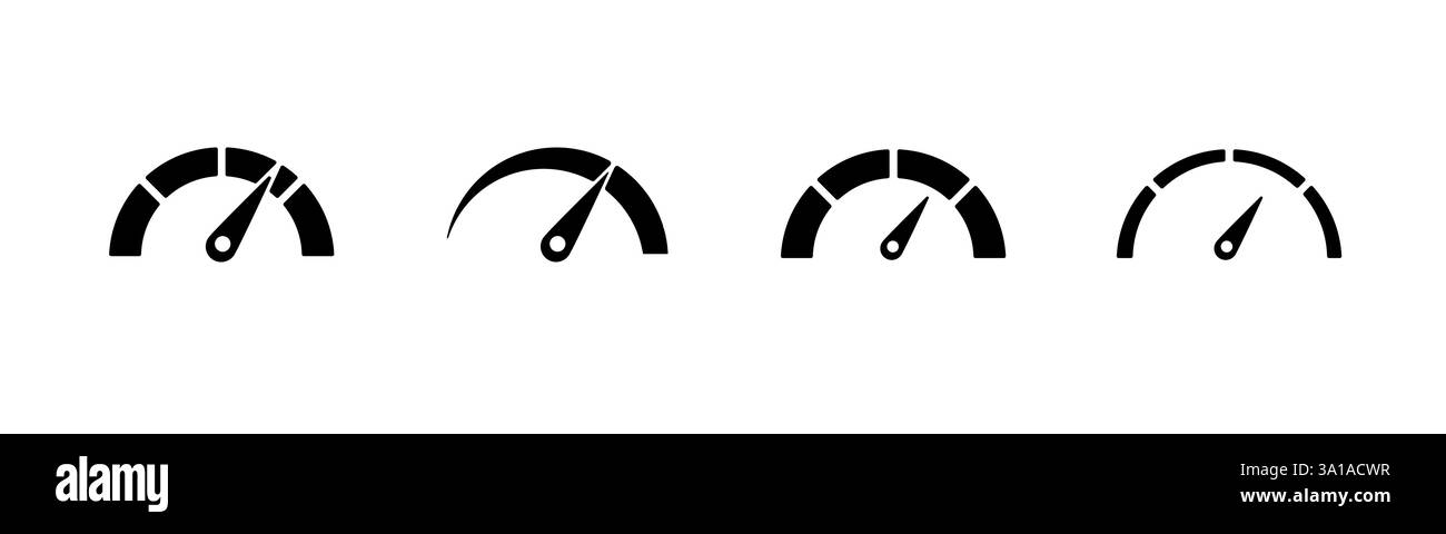 Four black speedometers with different needle positions indicating ...