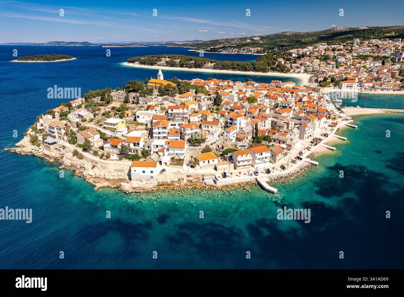 The peninsula with the old town of Primosten seen from the air, Croatia ...