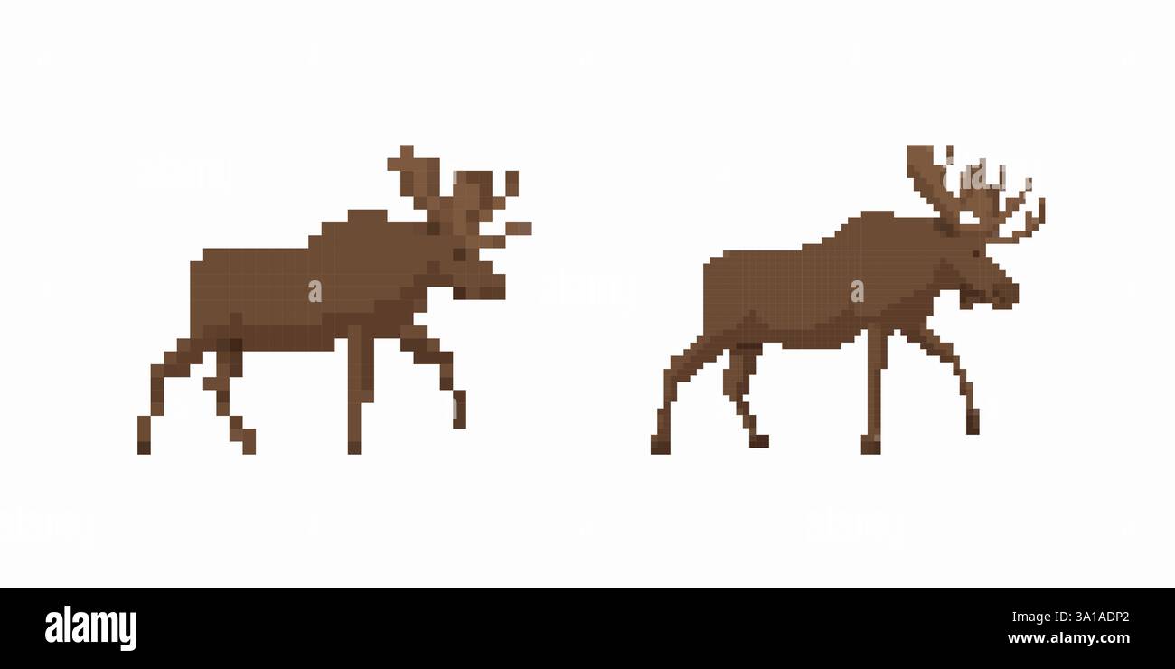 Pixel art moose: two stylized brown animals walking with antlers ...