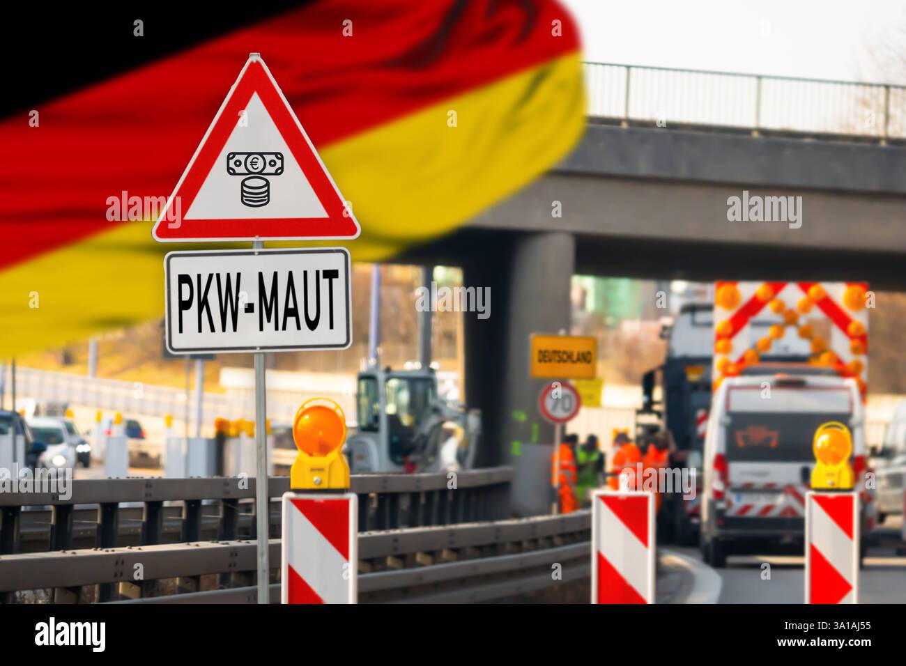 Bavaria, Germany - March 7, 2025: PHOTOMONTAGE, a road toll sign on a ...