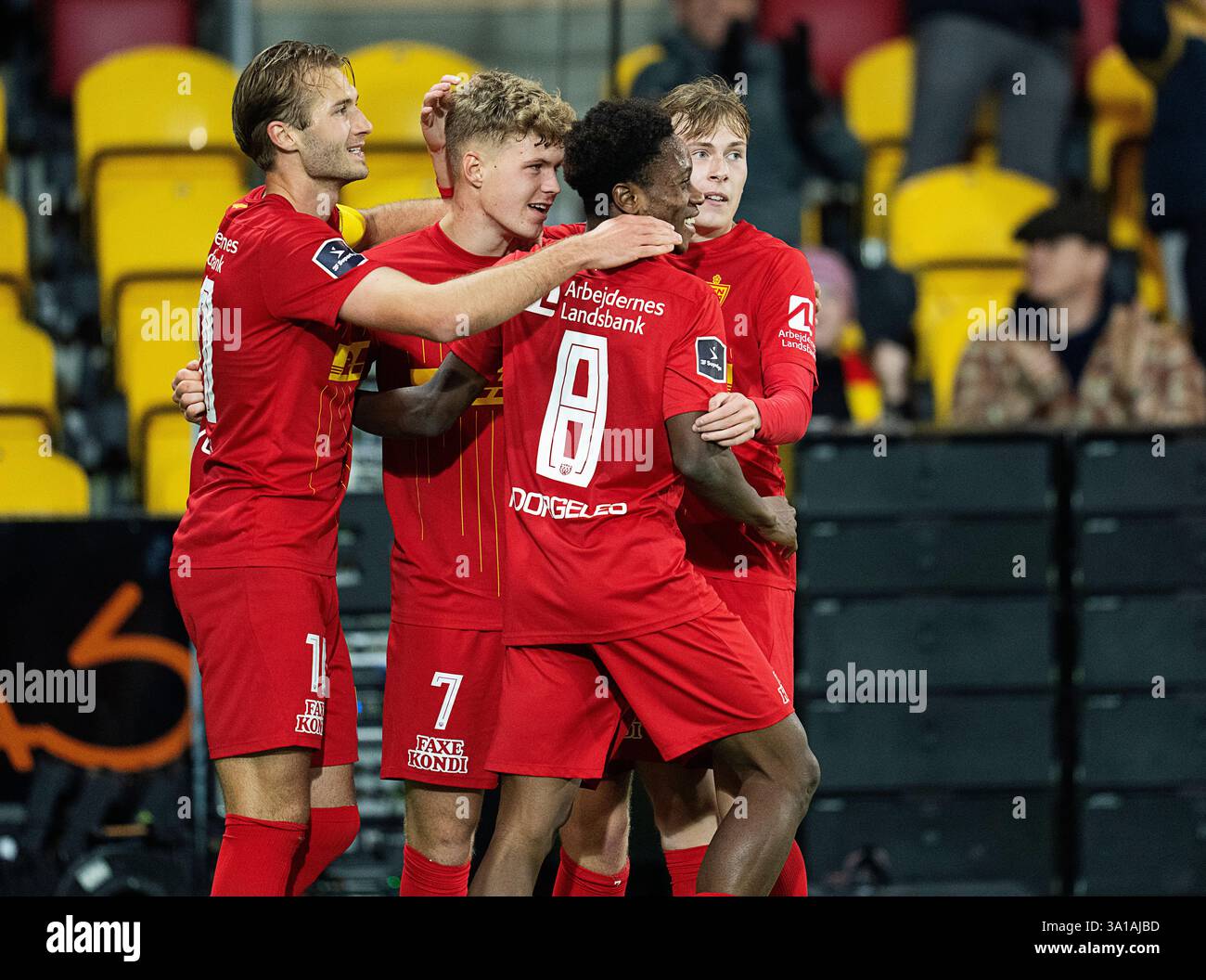 Farum, Denmark. 07th Mar, 2025. FC Nordsjaellands Caleb Yirenkyi scores ...