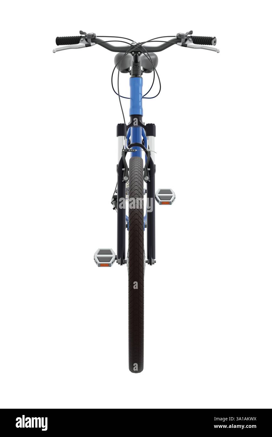 Blue bicycle, front view. Black leather saddle and handles. Isolated on ...