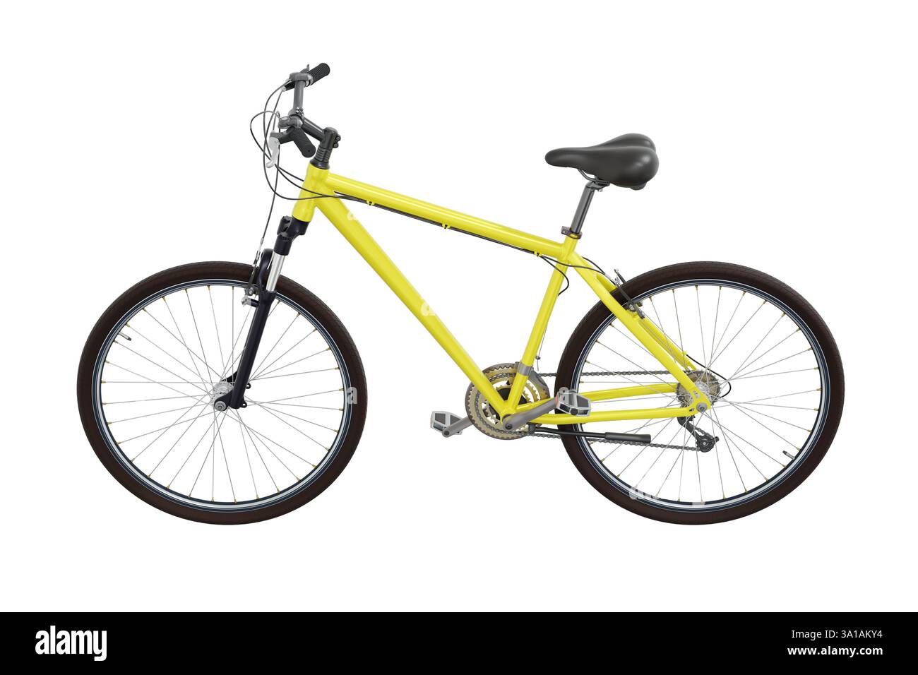 Yellow bicycle, side view. Black leather saddle and handles. Isolated ...