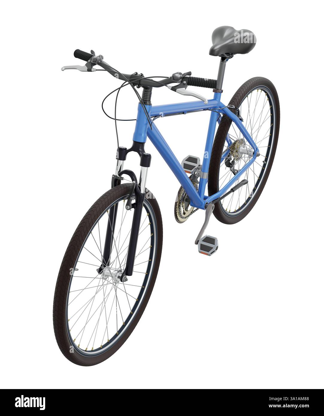 Blue bicycle, side top view. Black leather saddle and handles. Isolated ...