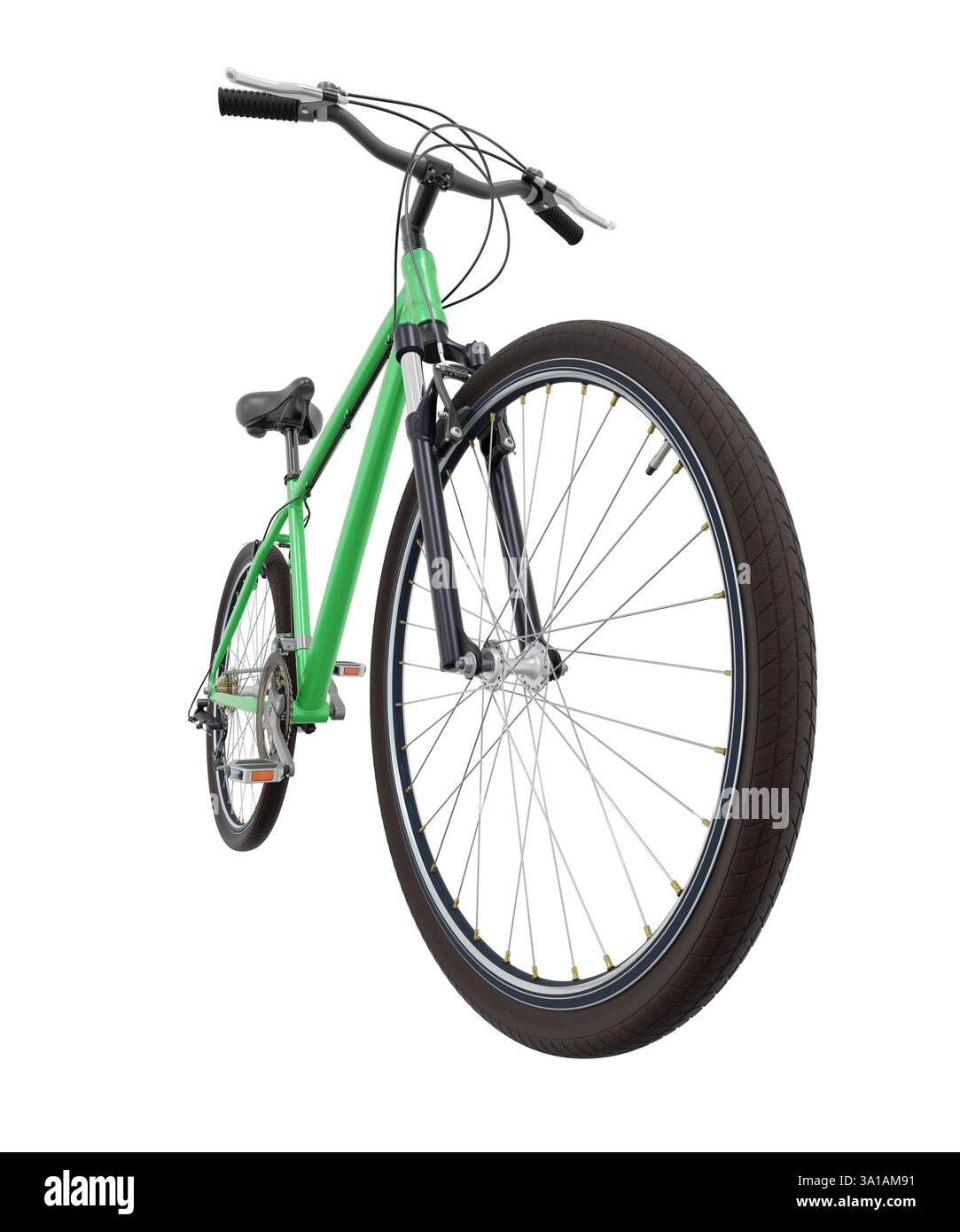 Green bicycle, front side view with wide angle shot of the front wheel ...
