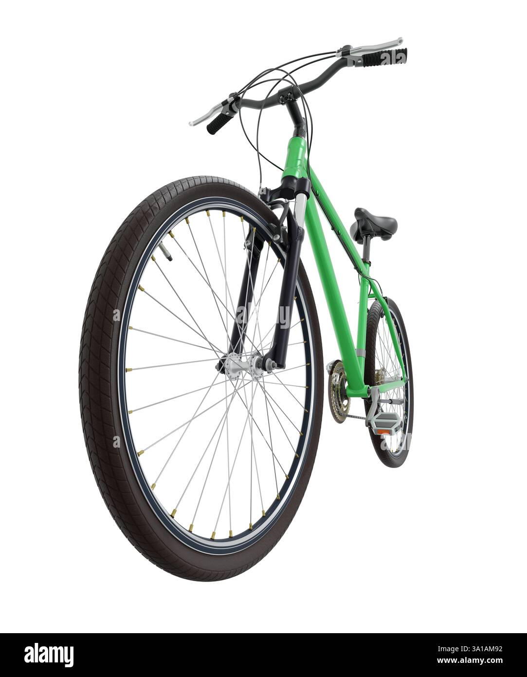 Green bicycle, front side view with wide angle shot of the front wheel ...