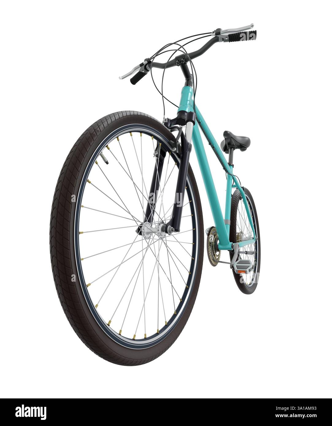 Blue teal bicycle, front side view with wide angle shot of the front ...