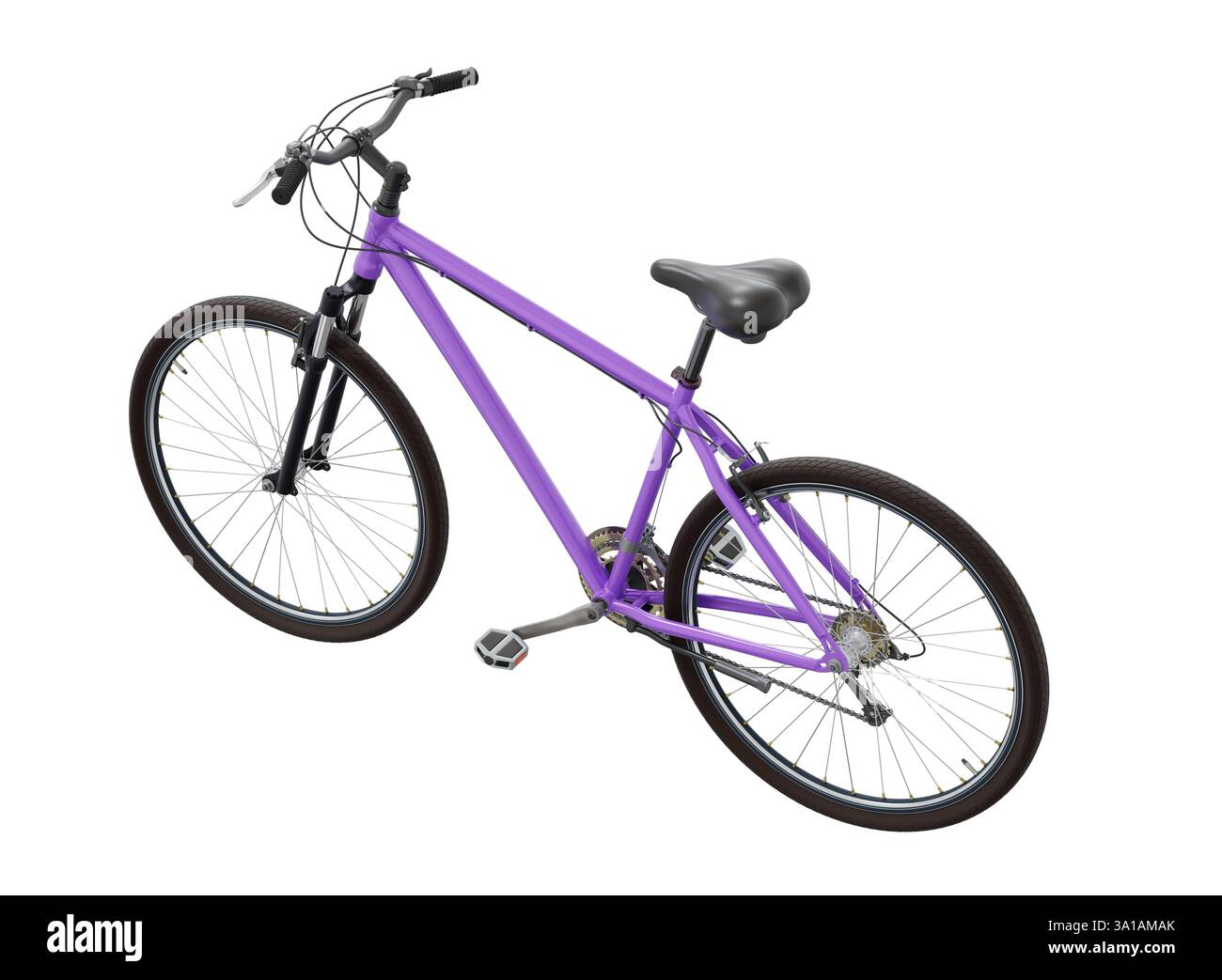 Purple bicycle, side top view. Black leather saddle and handles ...