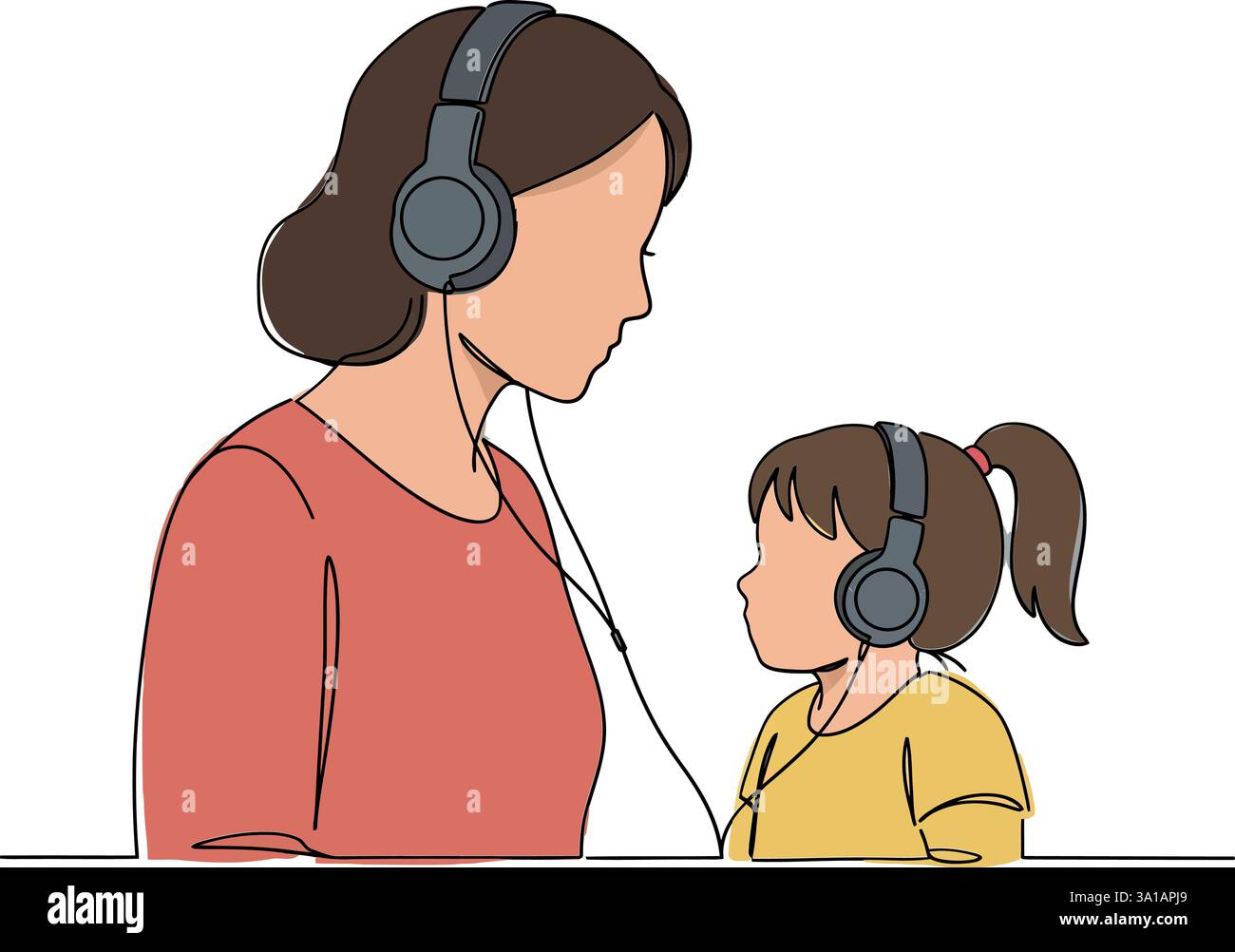 A mother with headphones and her young daughter share a warm ...