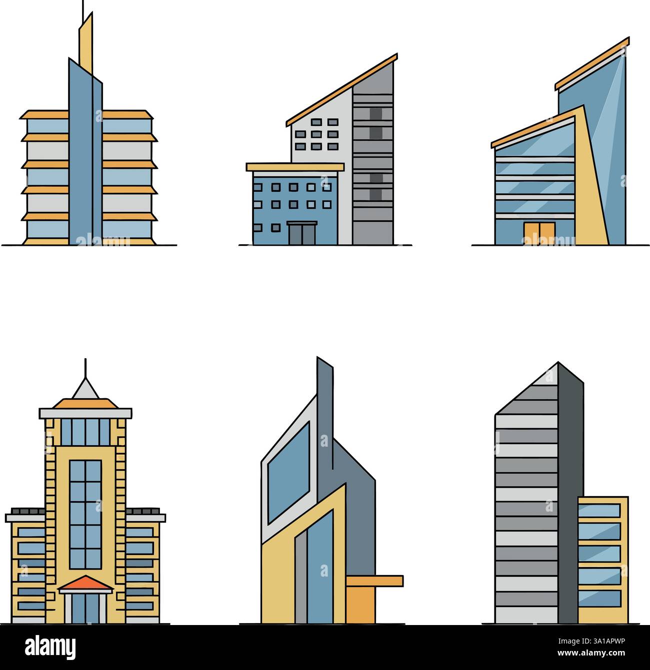 A collection of six distinct buildings, featuring various shapes and ...