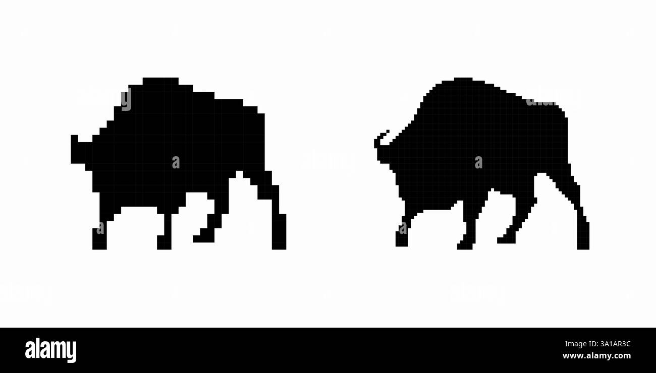 Silhouette of two majestic buffalo walking with graceful stance and ...