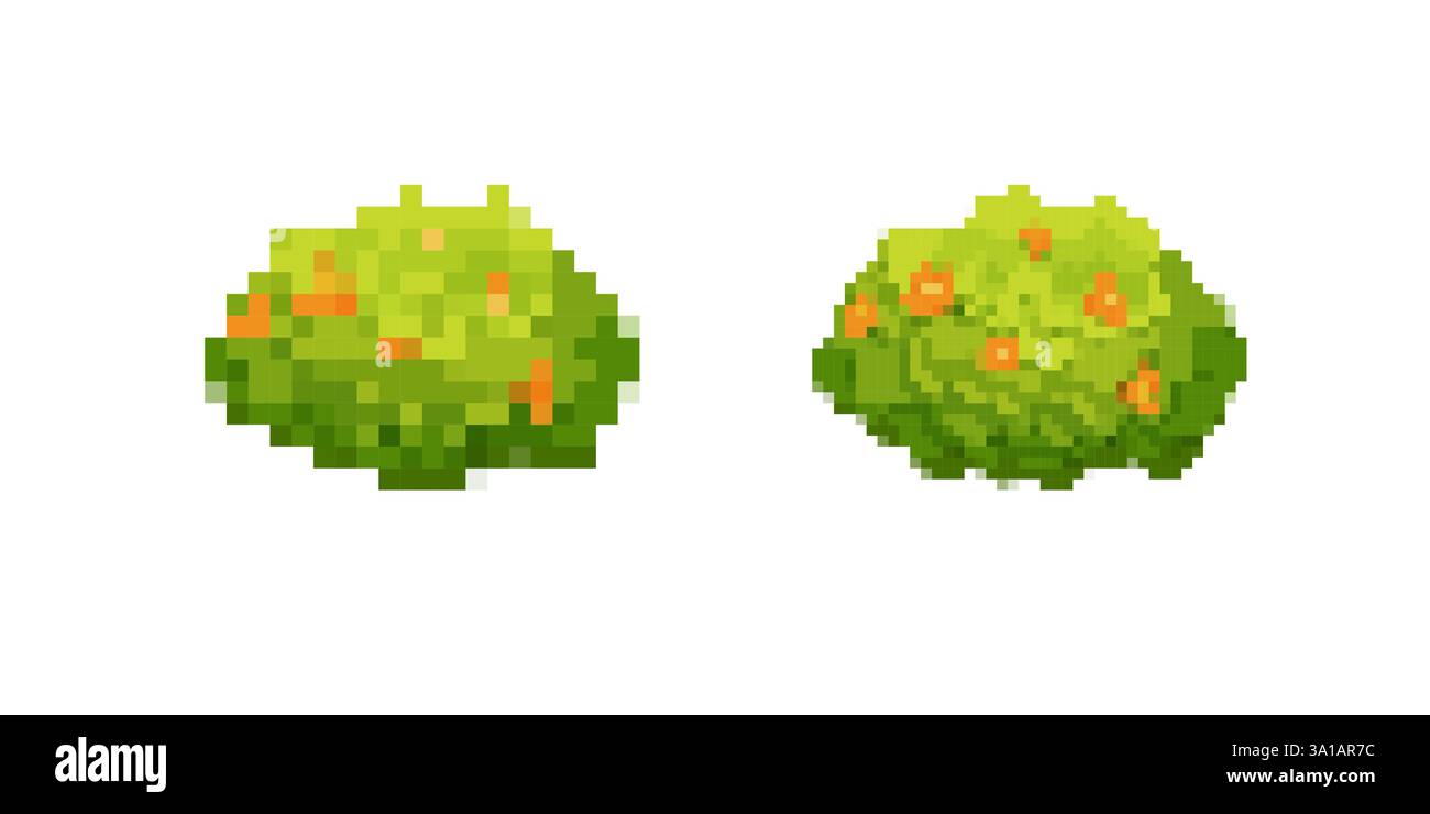 Pixel art green bushes with orange dots displayed in simplistic digital ...