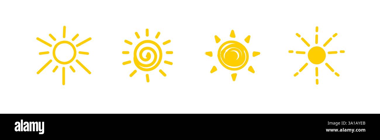 Four bright yellow sun designs with unique patterns and radiant rays in ...