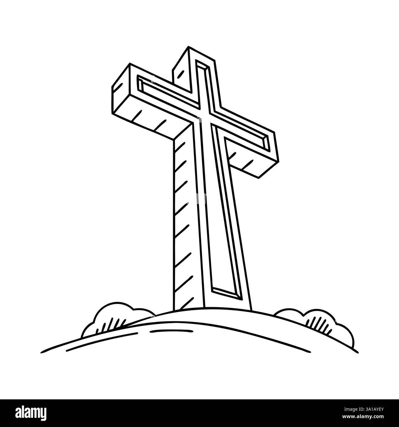 Christian cross. Cross standing on a hilltop. Cross on a simple hill background. Church symbol ...