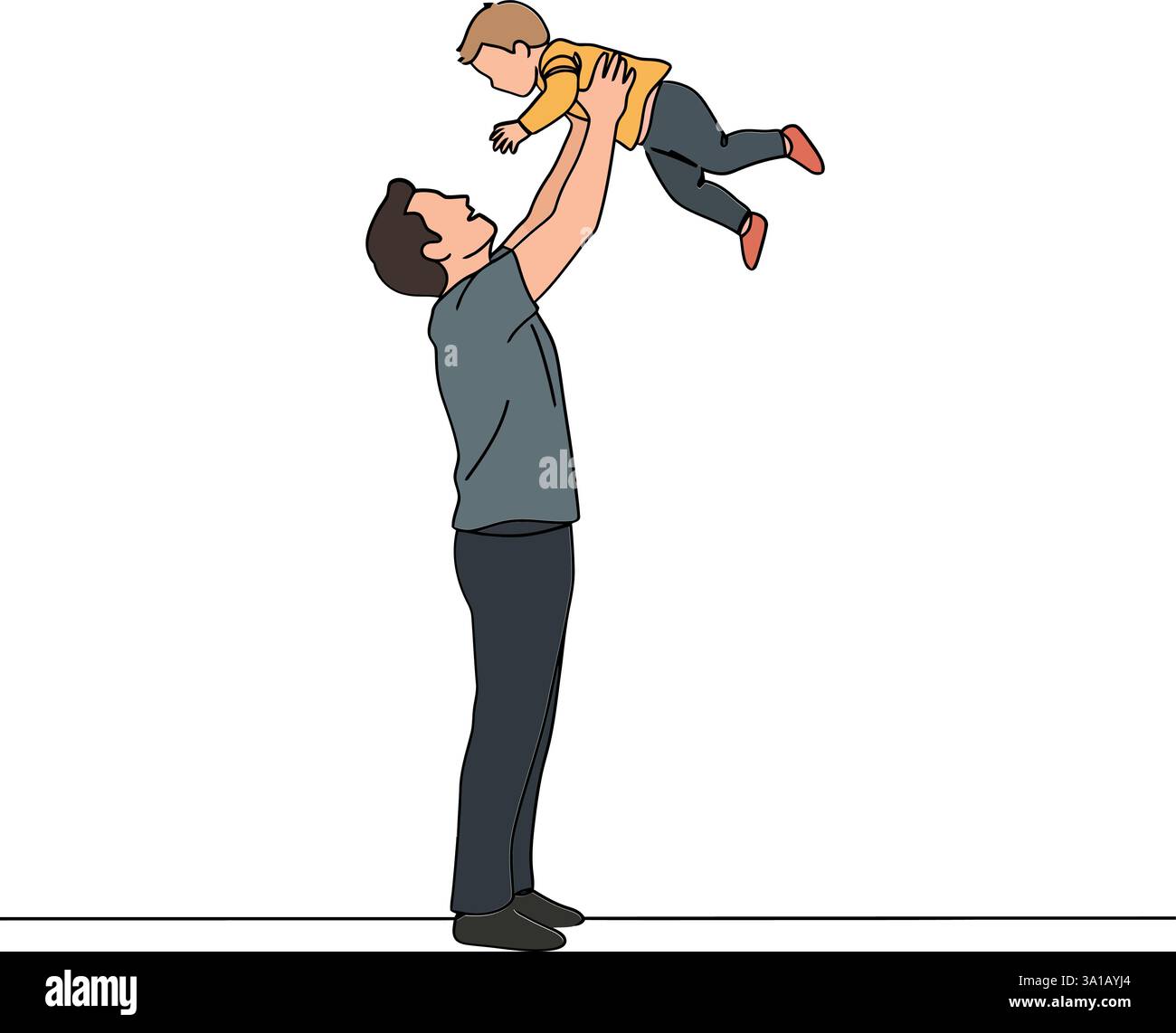 A father lifts his smiling child high above, creating a joyful moment ...