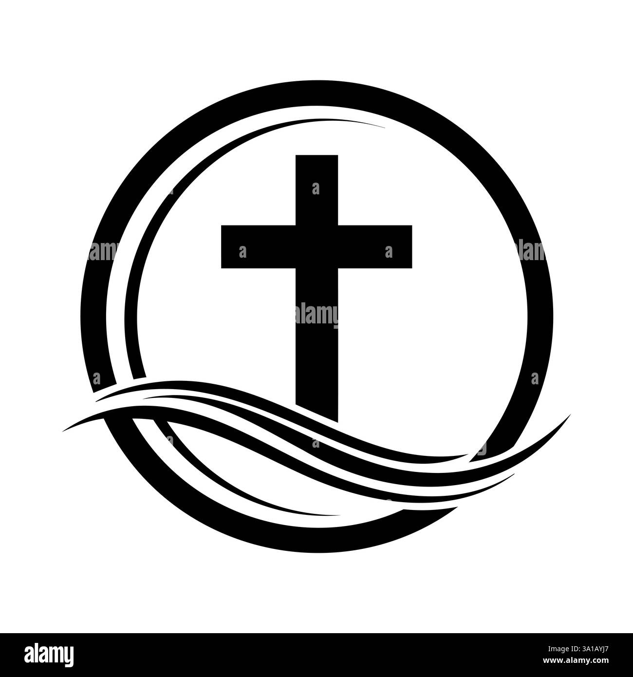 Christian cross icon. Christian cross inside circular frame with wave ...