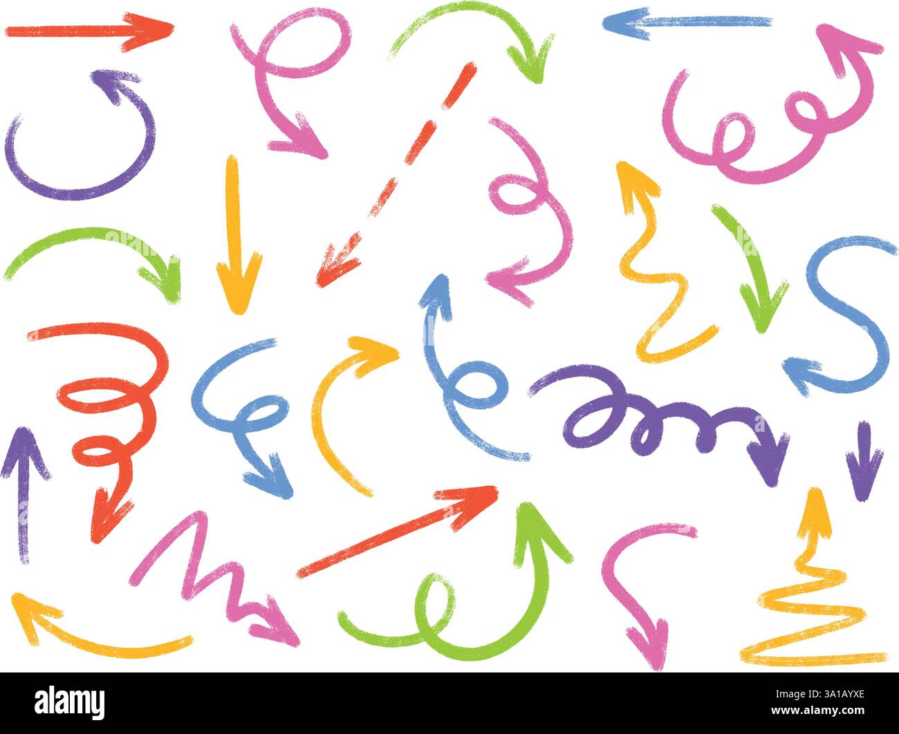 Colorful crayon arrow collection with directional pointers on white ...