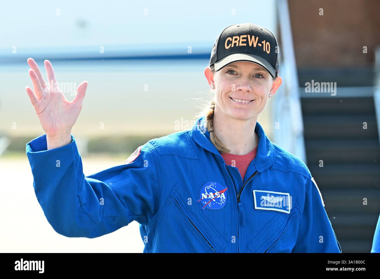 NASA Astronaut and Pilot of the SpaceX NASA Crew-10 mission, Nichole Ayers waves to the media ...