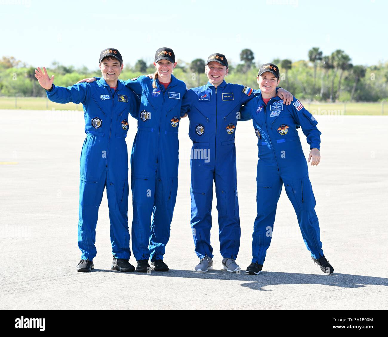 Members of the SpaceX NASA Crew-10 mission arrive at the Kennedy Space ...