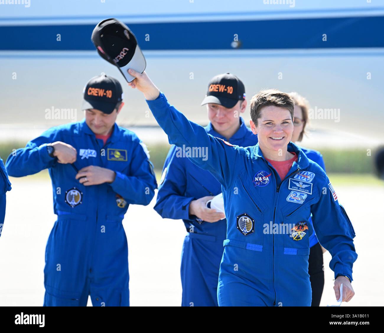 Astronaut and Commander of the SpaceX NASA Crew-10 mission raises her ...