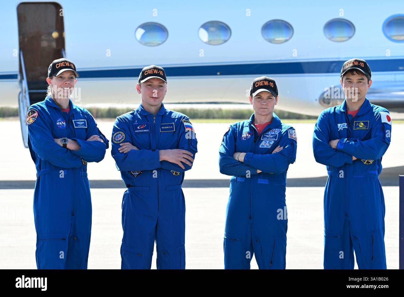 Members of the SpaceX NASA Crew-10 mission arrive at the Kennedy Space ...