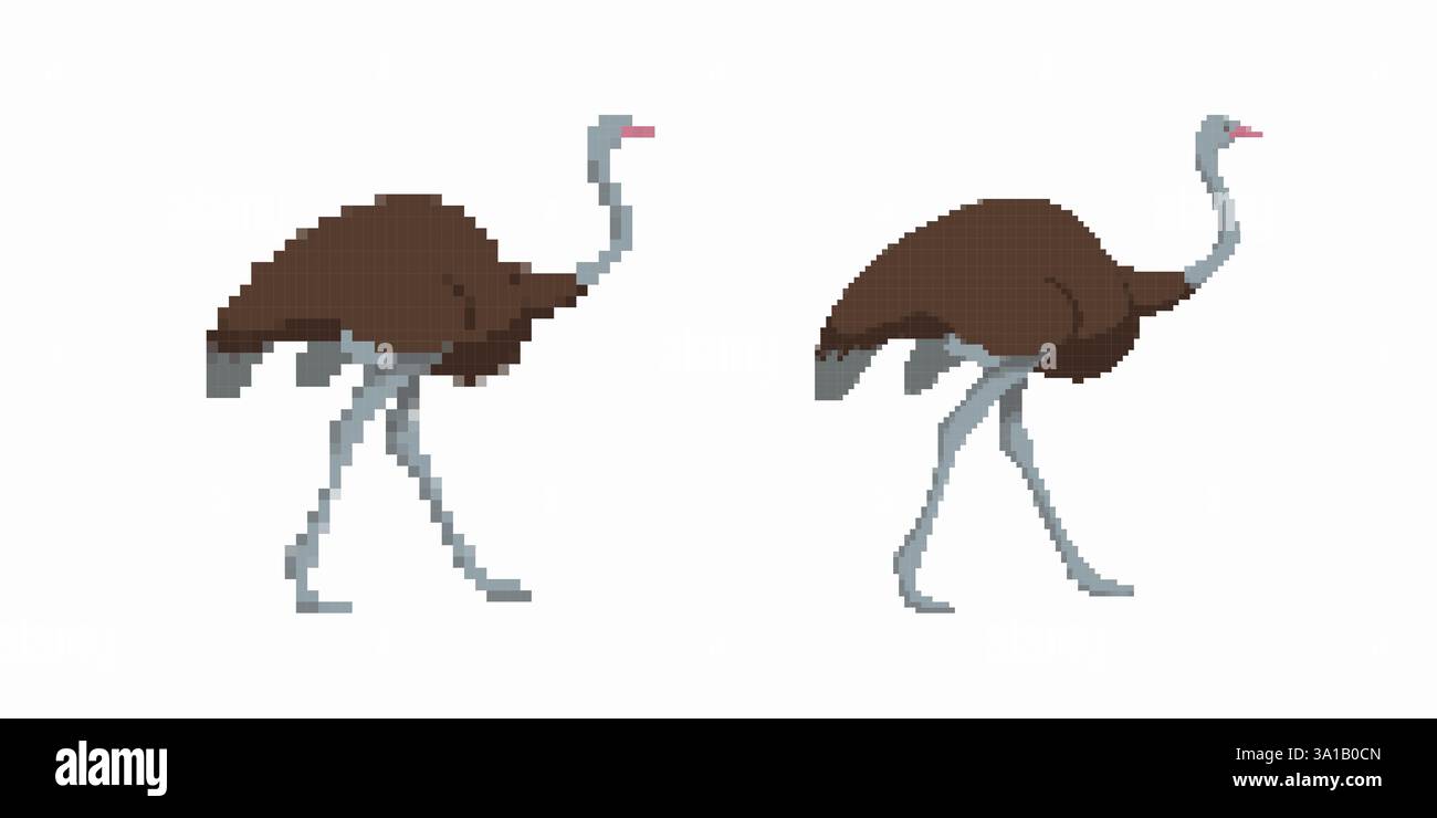 Pixel art ostrich characters walking with long legs and curved necks in ...