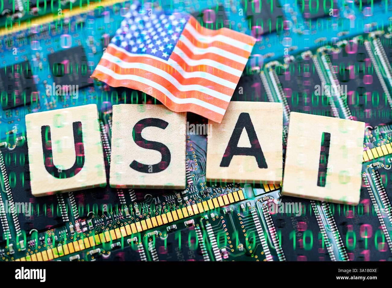 Photomontage, letters form the lettering US AI on computer chips ...