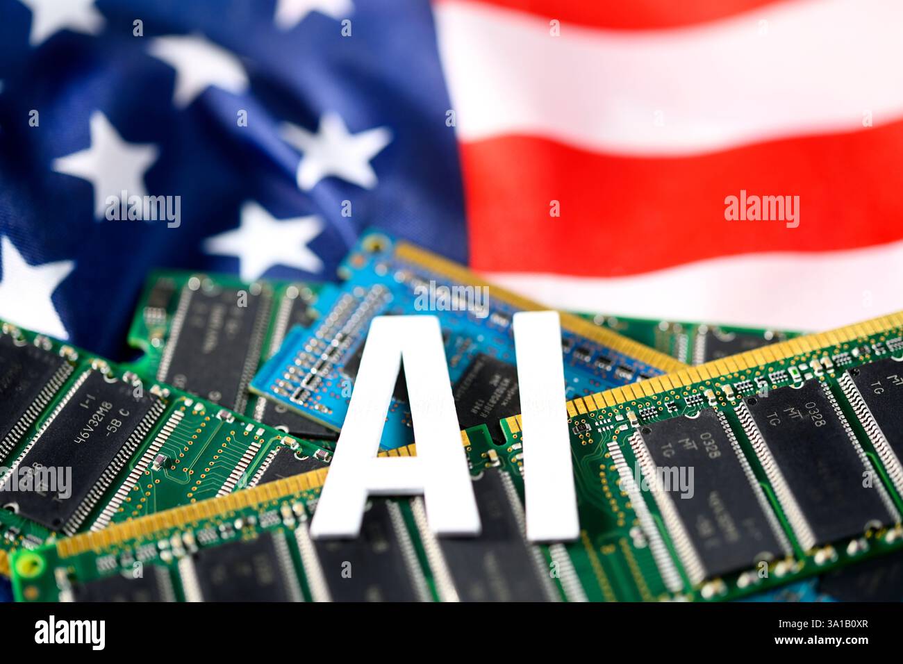 AI lettering on computer chips and USA flag, symbolic photo for the ...