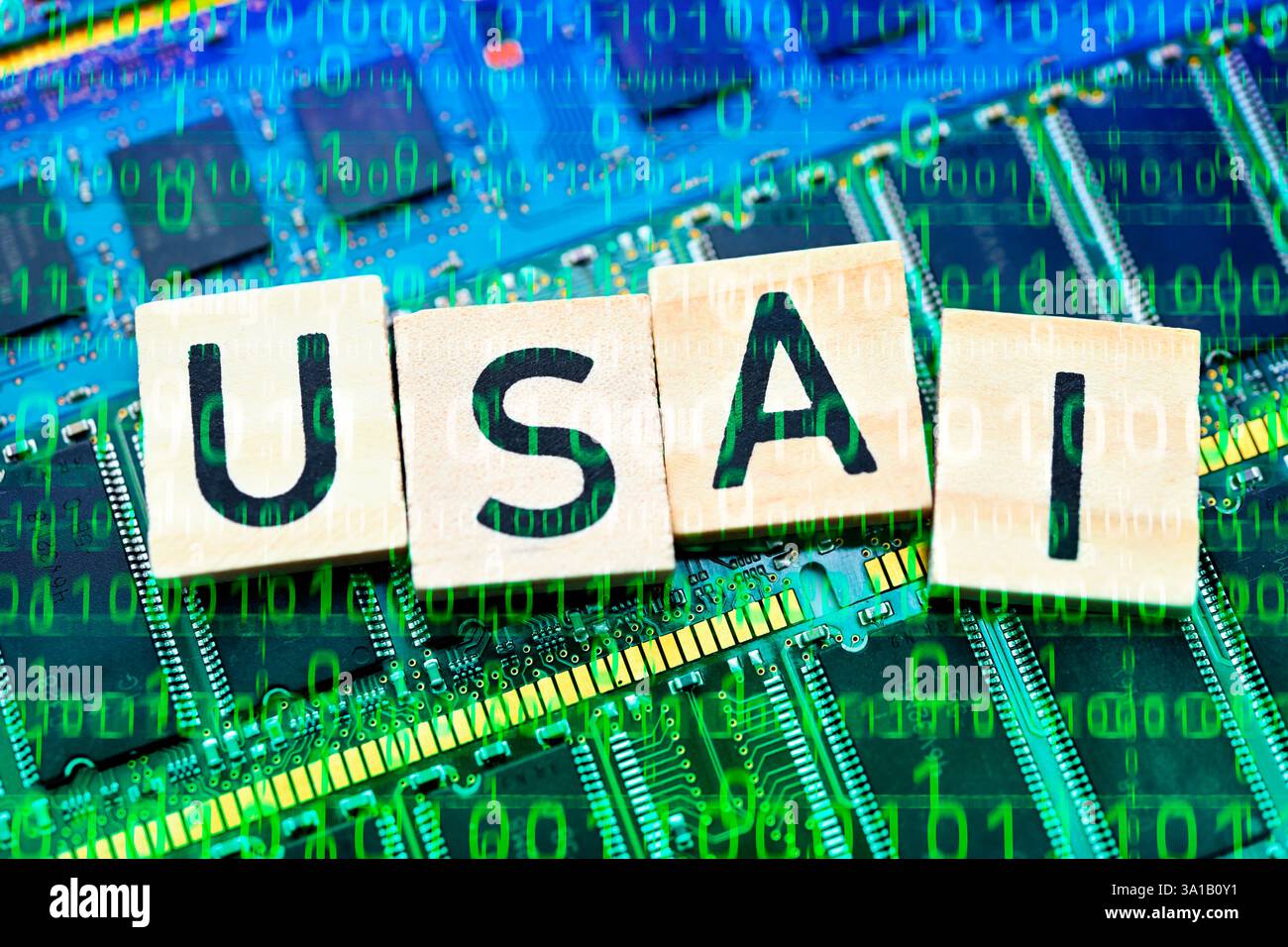 Photomontage, letters form the lettering USAI on computer chips ...
