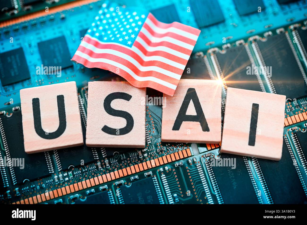 Letters form the lettering US AI on computer chips, symbolic photo for ...