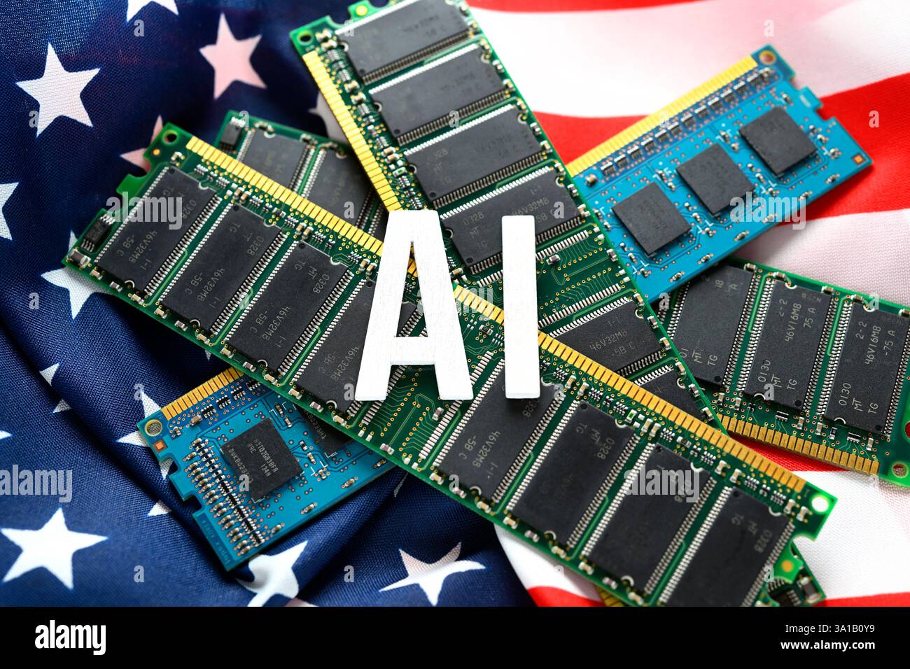 AI lettering on computer chips and USA flag, symbolic photo for the ...